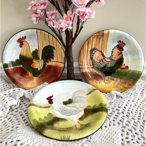 Sakura | Accents | Set Of 3 On The Farm Chicken Rooster Plates David ...